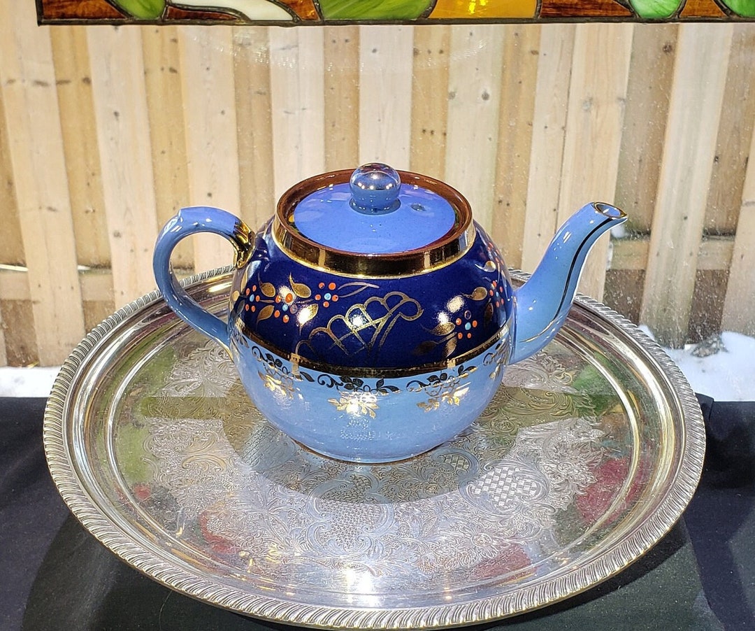 Vintage Blue and Gold Flower Pattern Teapot With Gold Trim - Arthur ...