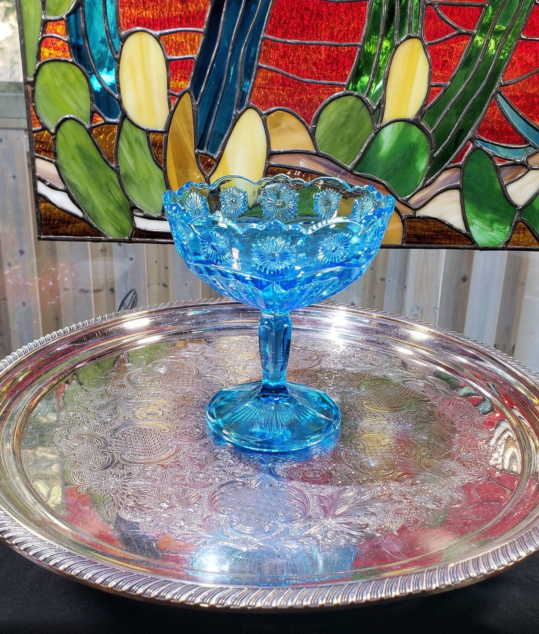Vintage Kemple Fine Blue Glass Compote Flower Pattern Vintage Glass ...