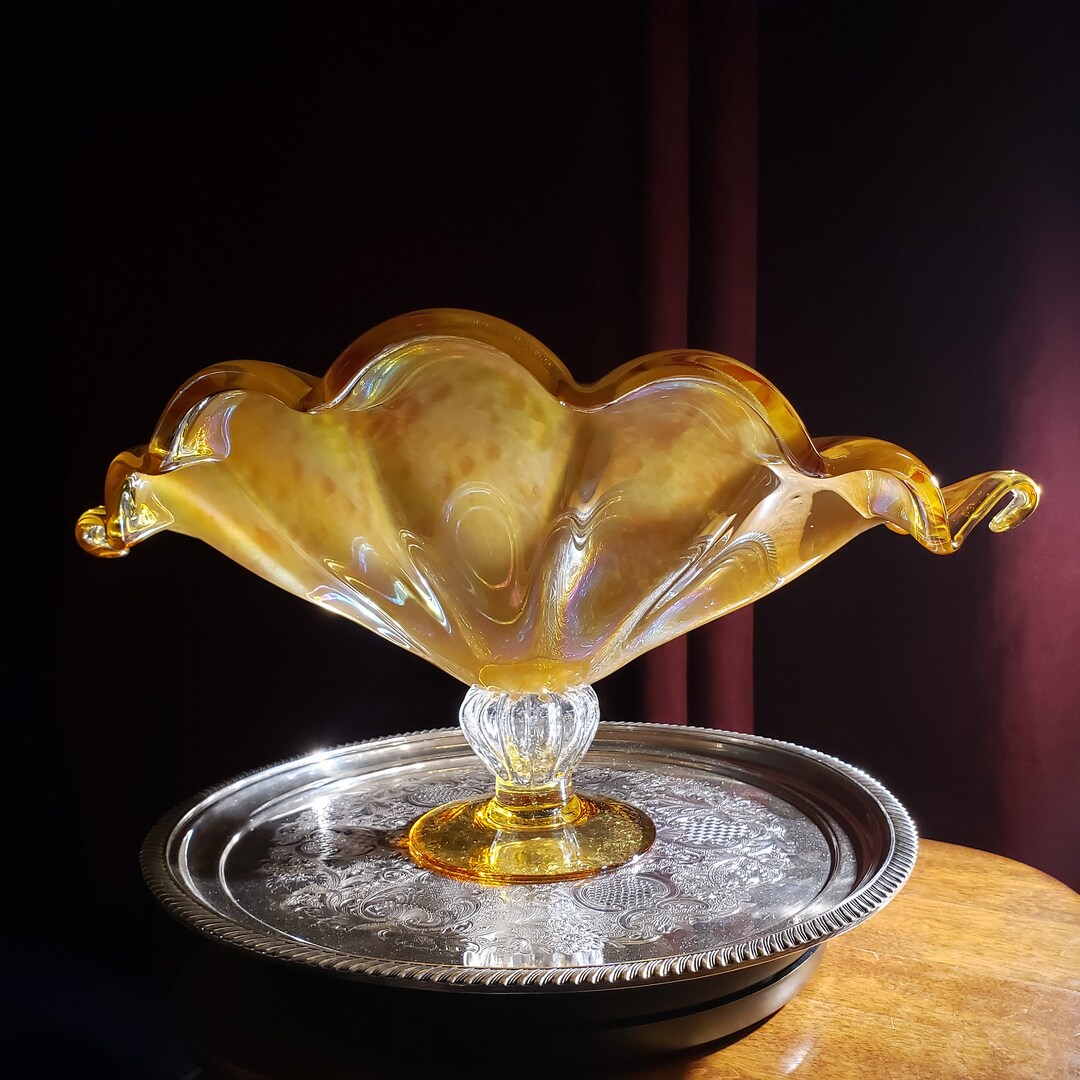Large Murano Style Art Glass Compote, Orange, Copper and Gold Flakes ...