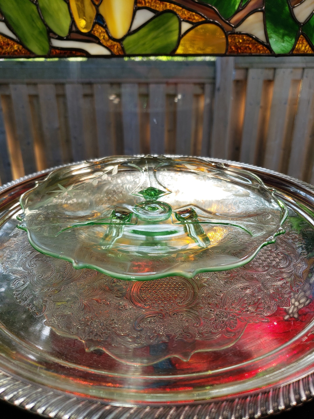 Vintage Uranium Glass 3 Leg Scalloped Edge Flower Pattern Plate ...