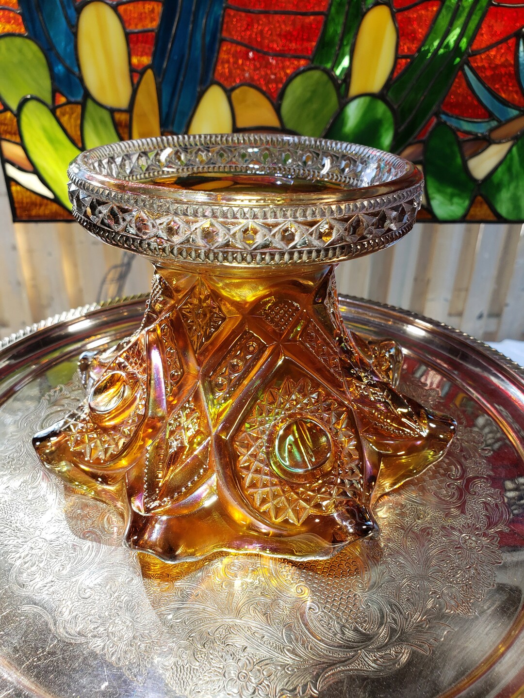 Vintage Imperial Glass Hobstar Punch Bowl Base - Carnival Glass ...