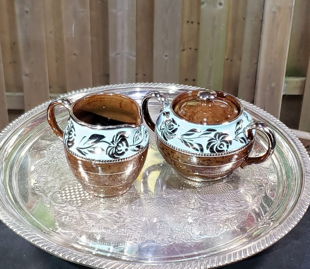 Vintage Sadler Lusterware Cream and Sugar Set: Turquoise & Brown ...