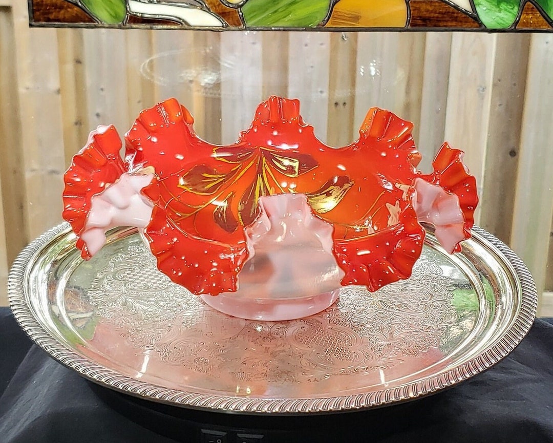 Vintage Fenton Red Cased Ruffle Bowl - Hand Painted Flowers ,vintage ...