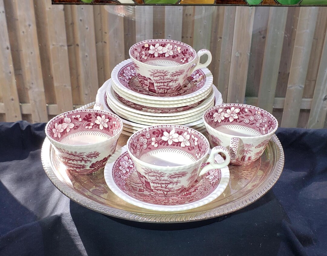 Vintage Set of Four Spode Pink Tower Cups & Saucer With Matching Plates ...