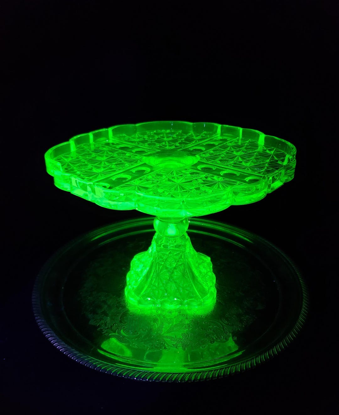 Vintage Adams & Co. Vaseline Glass Cake Stand - Daisy and Button With ...