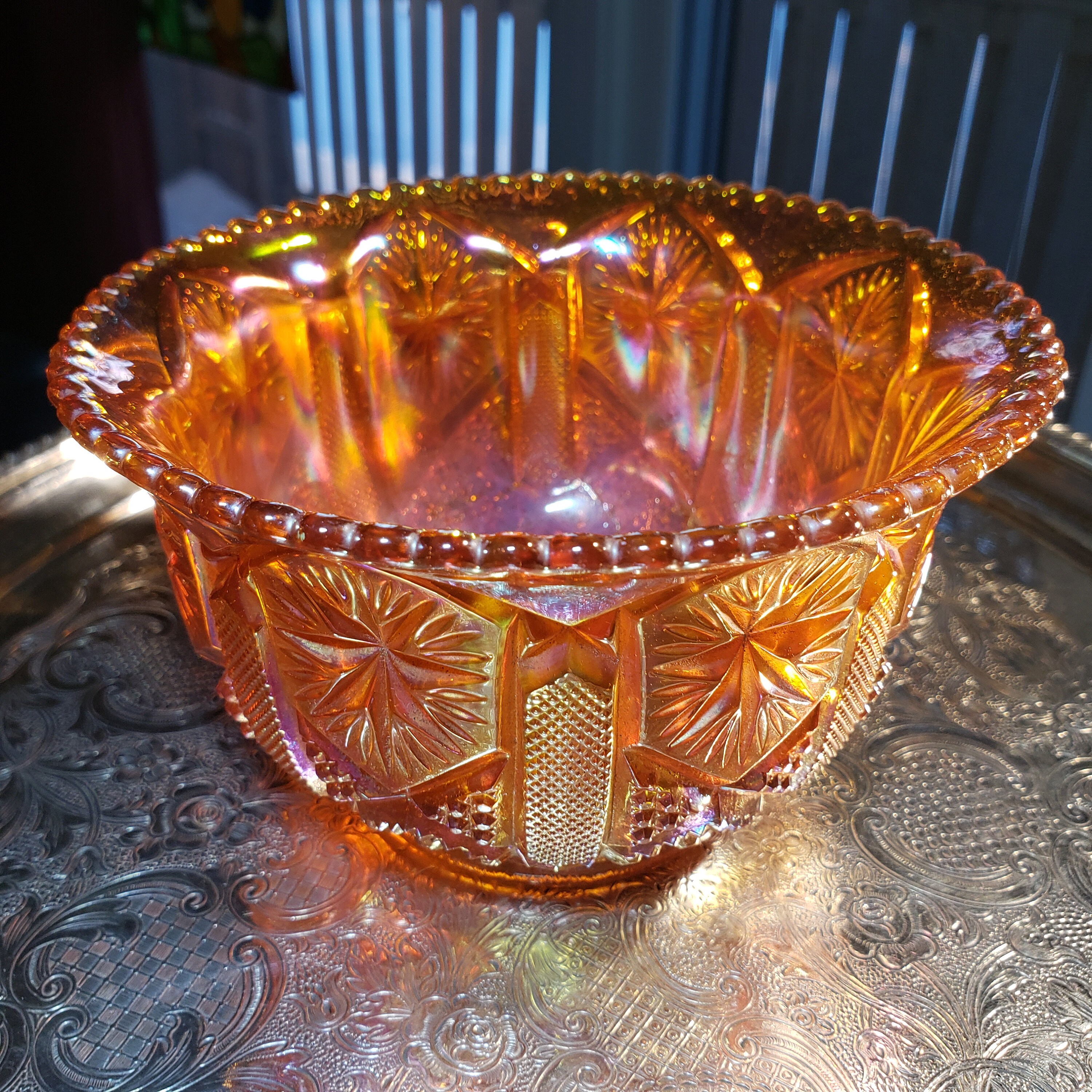 Kitchen & Dining Vintage Antique Amber Ruffled Carnival Glasss Bowl ...