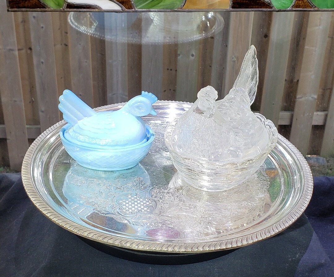 Vintage Hens on Nests - Blue Slag Glass Hen and Clear Glass Hen on ...