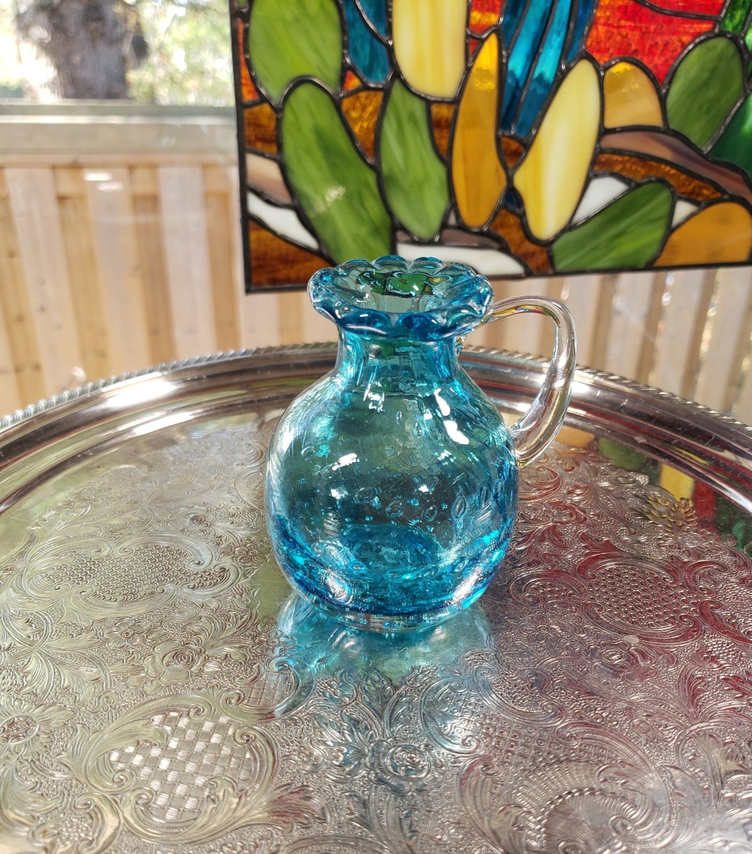 Retro Ice Blue Bubbly Art Glass Pitcher - Retro Decor, Retro Pitcher ...