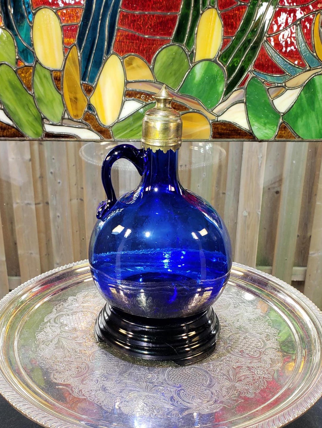 Vintage Cobalt Blue Decanter: Silver Plated Brass Top, 19th Century ...