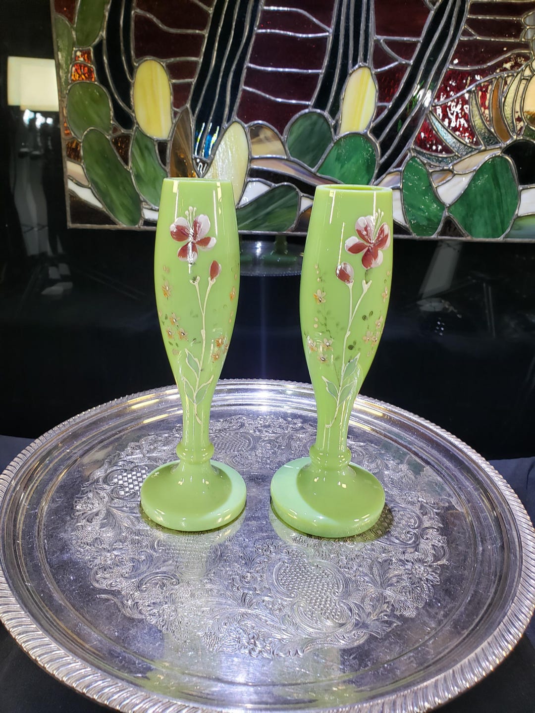 Vintage Jadeite Green Color Hand Painted Vases - Victorian Decor, Czech ...