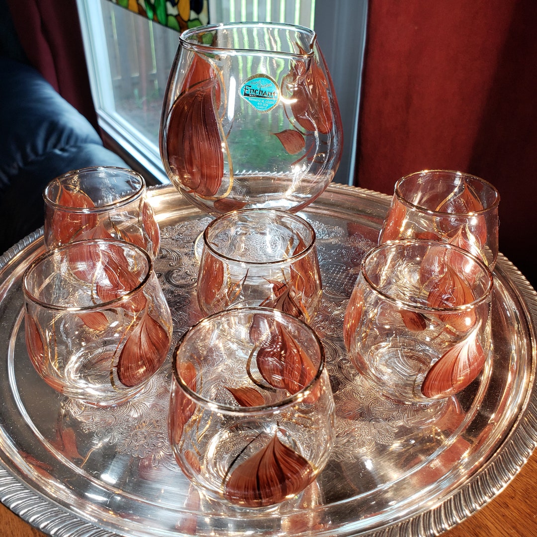 Vintage Enchant Ware Brandy Snifter Dispenser Set: Hand Painted Leaf ...