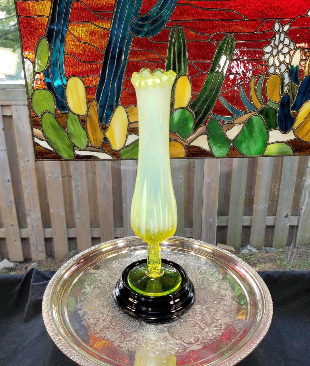 Vintage Fenton Vaseline Glass Cactus Pattern Opalescent Topaz Vase ...