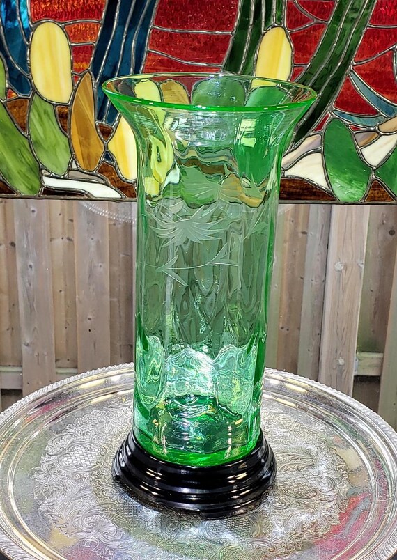 Uranium Glass Vase Victorian Uranium Glass Vase With Handpainted