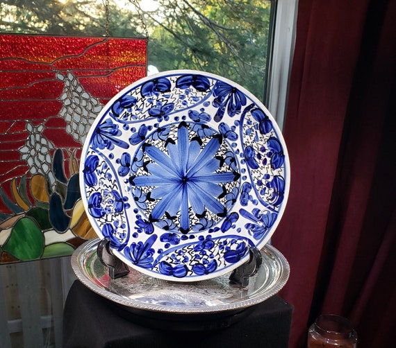 Vintage Large Hand Painted Center Bowl in Blue and White - Etsy