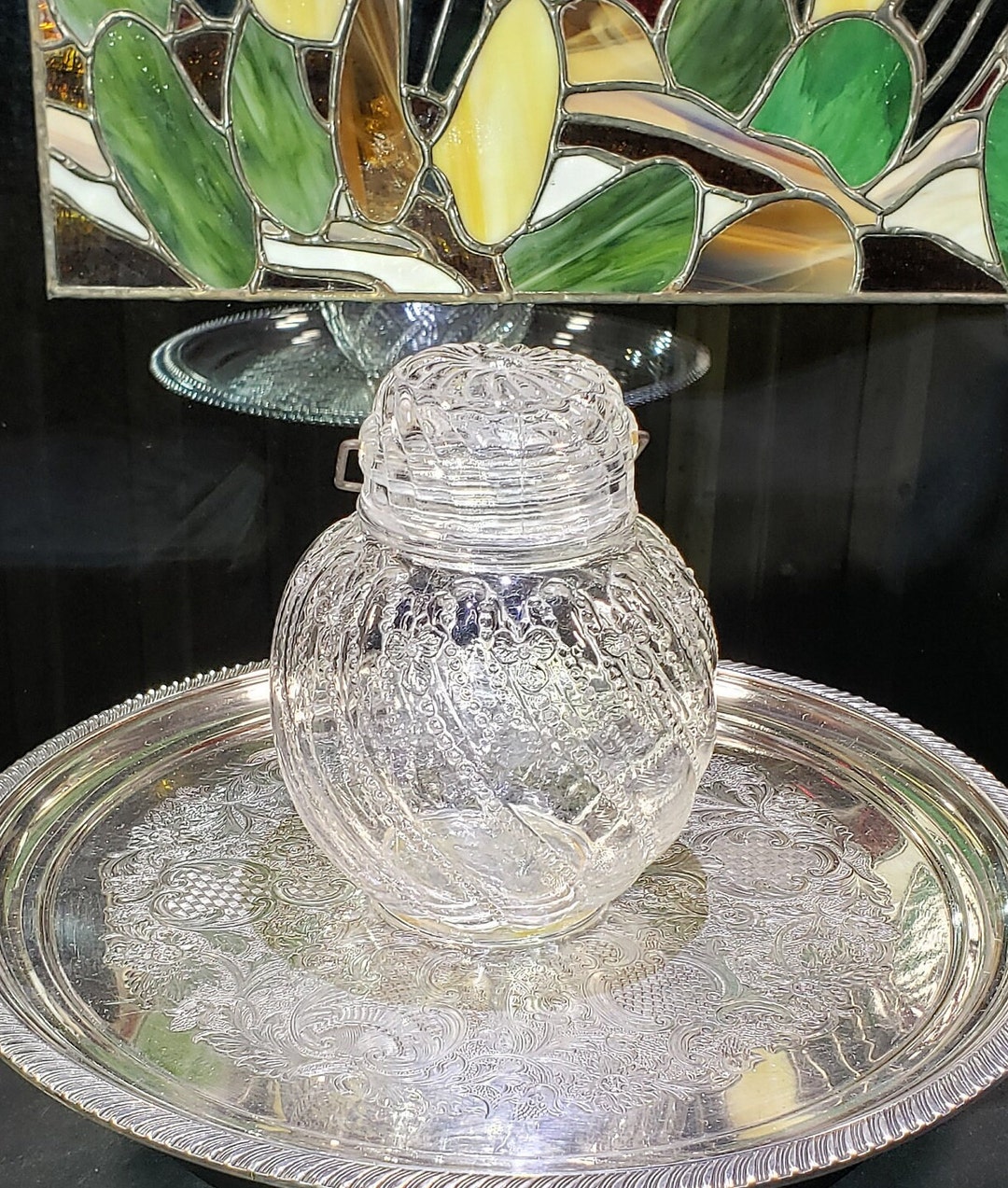 Rare Vintage Quart Fancy Glass Candy Jar With Flower Pattern and Wire ...