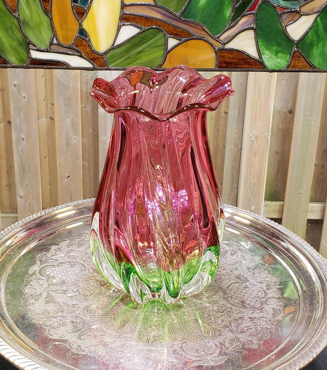 Vintage Watermelon Color Twisted Ruffle Flower Vase - Unique Pink ...