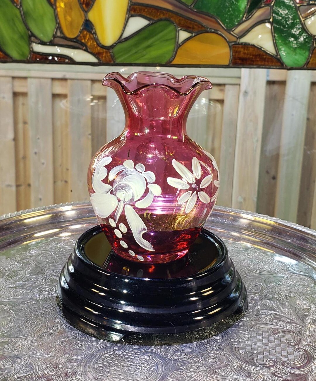 Vintage Small Victorian Cranberry Pink Glass Vase With Gold & White ...