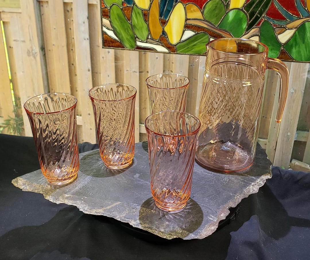 Vintage Arcoroc Luminarc "rosaline" Pink Swirl Pattern Pitcher & 10 Oz ...