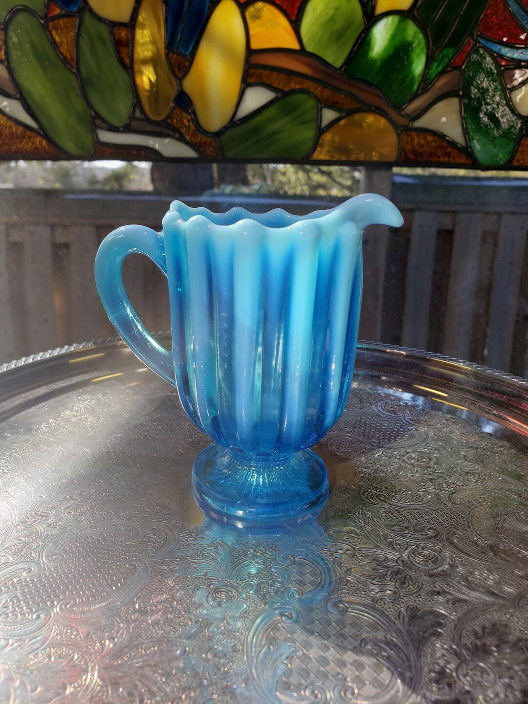 Vintage Blue Pearline Glass brideshead Creamer Jug Davidson Glass ...