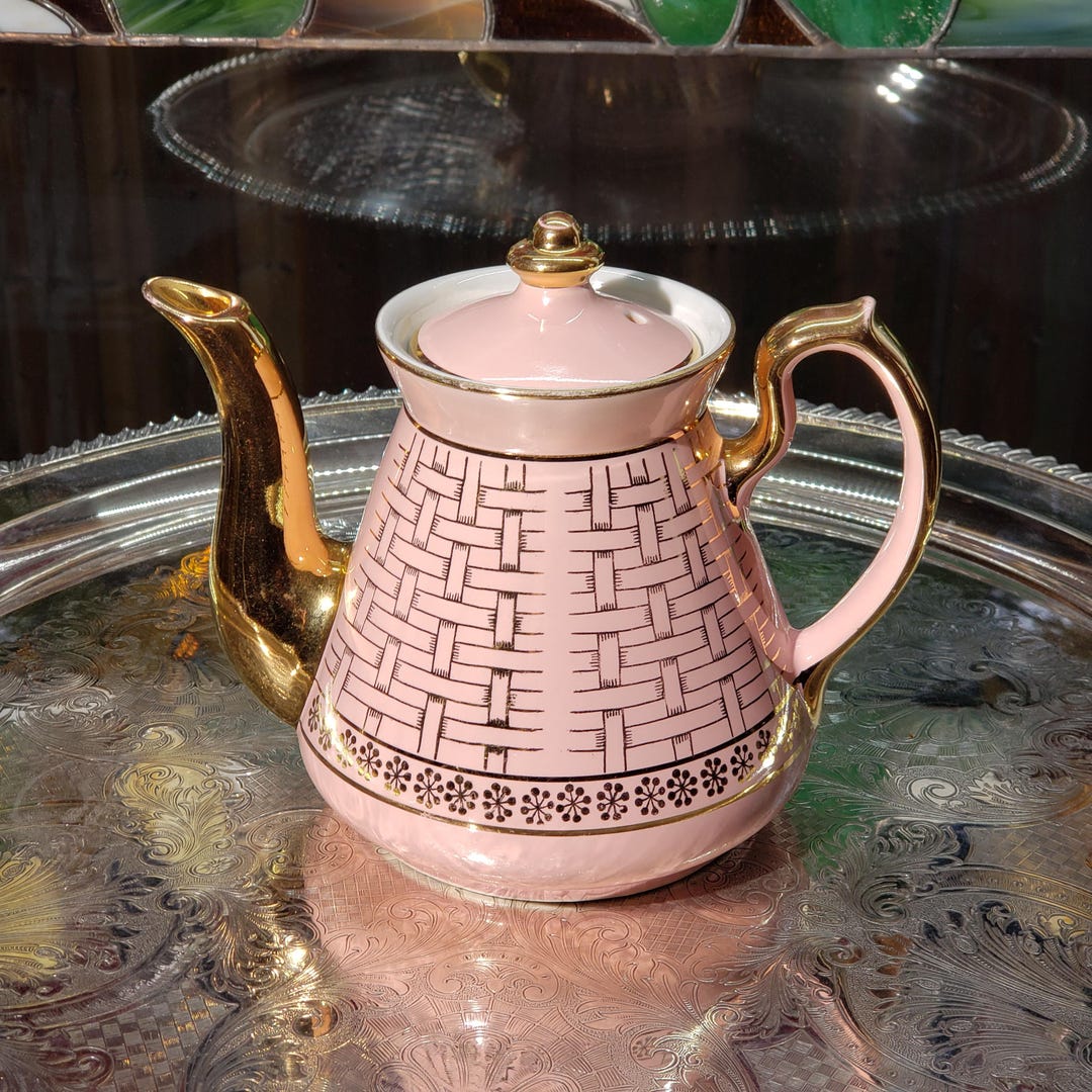 Vintage Hall Teapot: Pink & Gold Basket Weave, 6-cup - Etsy