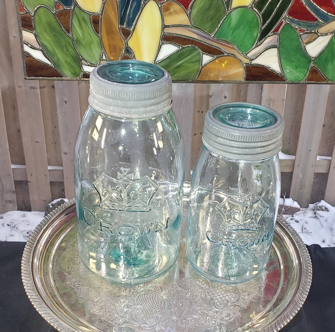 Vintage Aqua Crown Jar Pair: Half Gallon & Quart, Canadian Jars - Etsy