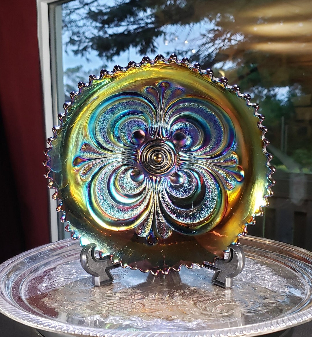 Imperial Glass - Scroll Embossed Carnival Glass Bowl - Purple Base and ...