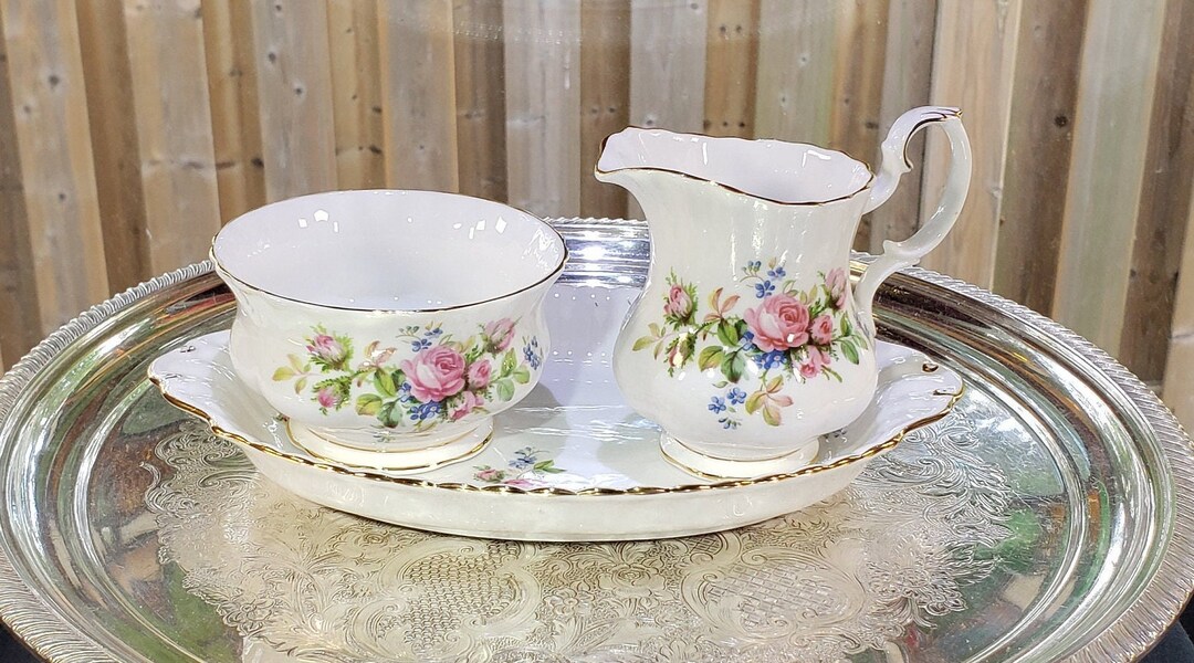 Vintage Royal Albert Moss Rose Pattern Cream and Sugar Set With Tray ...