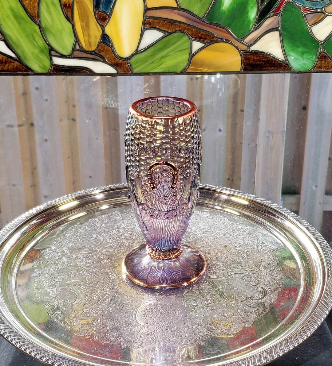 Vintage HOACGA Convention Amethyst & Copper Carnival Glass Corn Vase ...