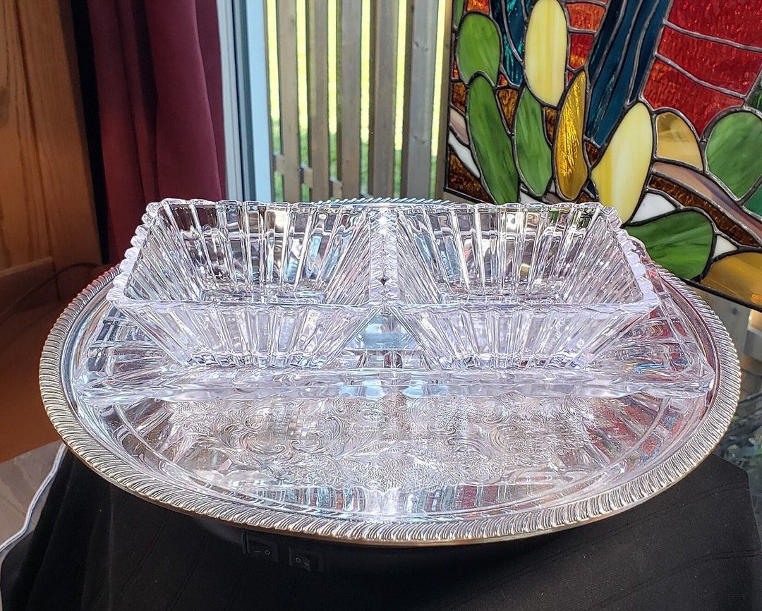 Vintage Crystal Art Deco Twin Square Dish and Tray Set, Condiment Set ...