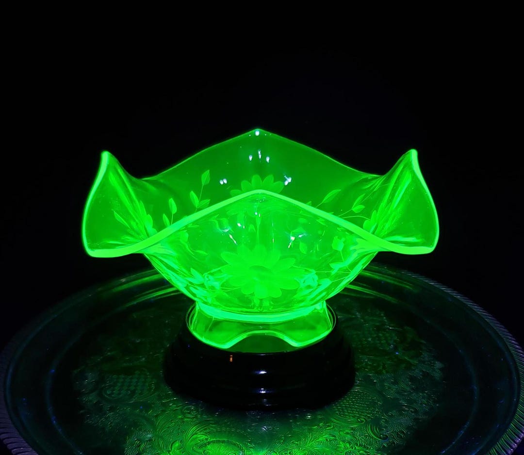 Vintage Integeral Foot Cornflower Bowl - Uranium Glass Bowl, Pinched ...