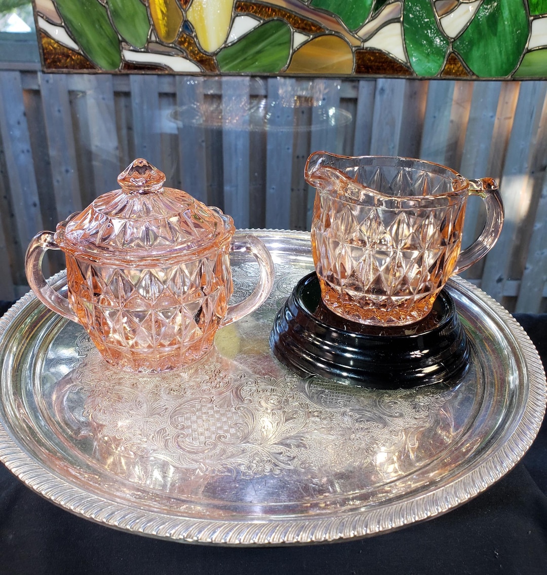 Vintage Jeannette Glass Windsor Pattern Pink Cream & Covered Sugar Bowl ...