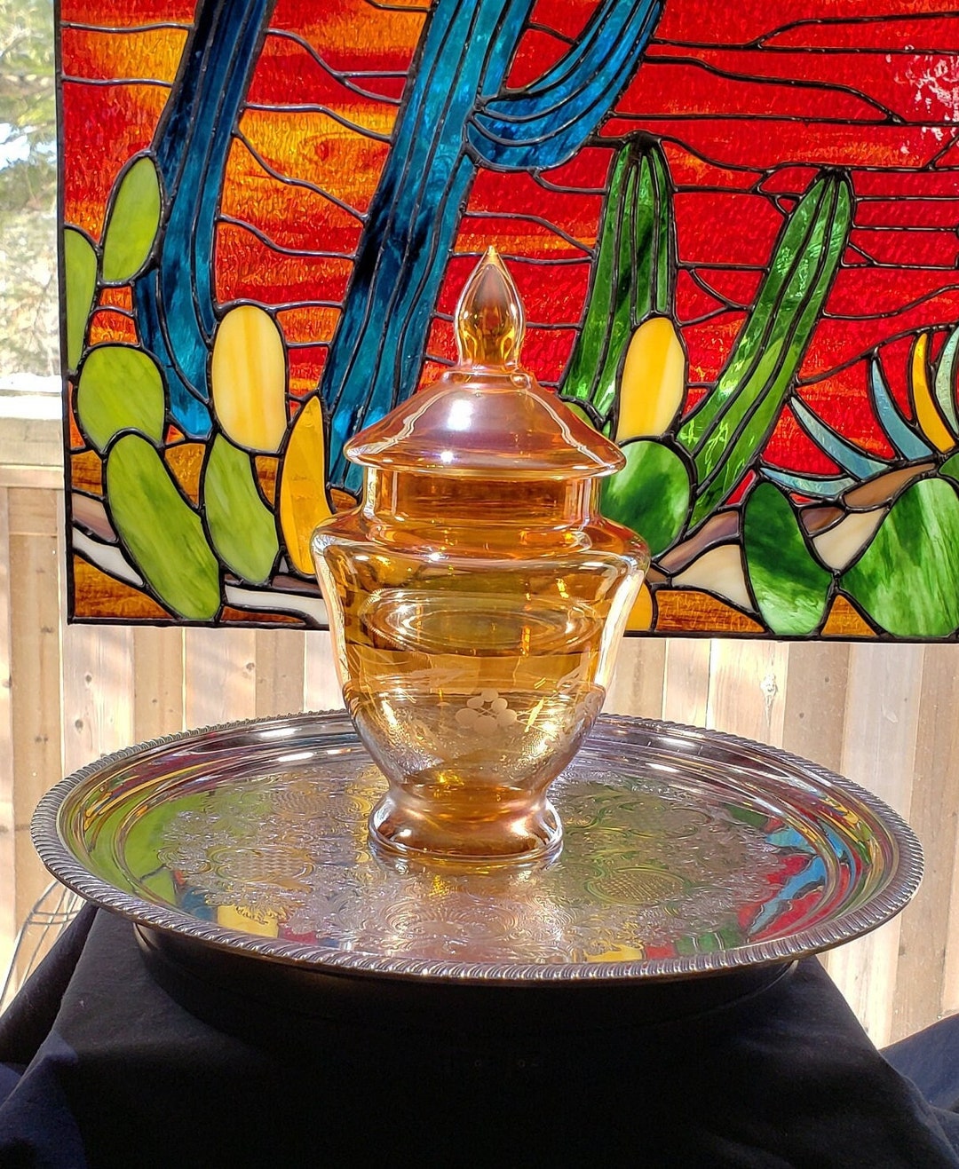 Vintage Orange Lidded Carnival Glass Dish With Etched Flowers Vintage ...