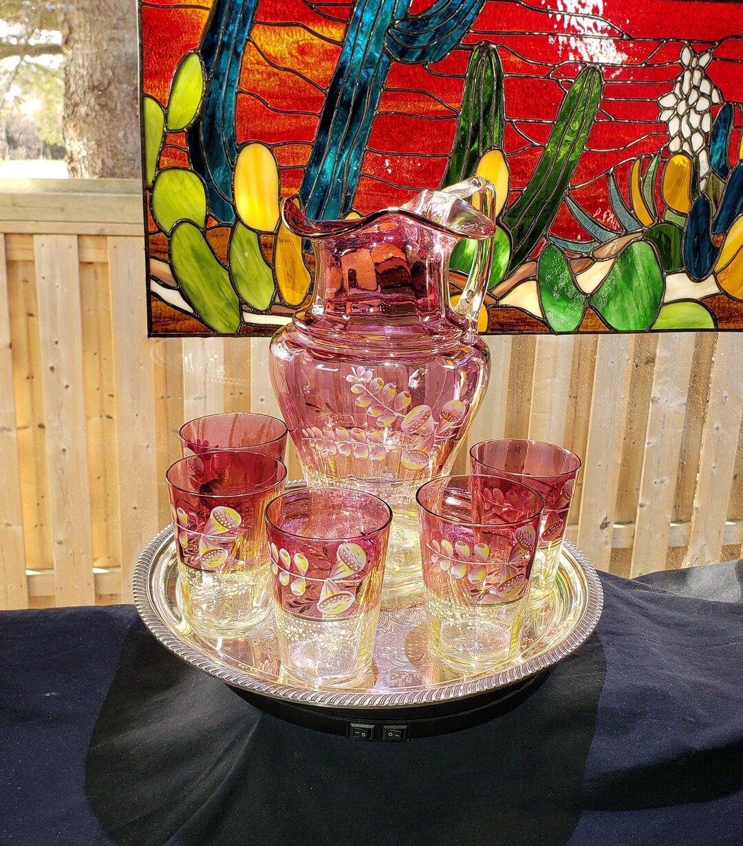 Vintage Victorian Pink Glass Pitcher Set: Gold Trim, Enameled Flowers ...