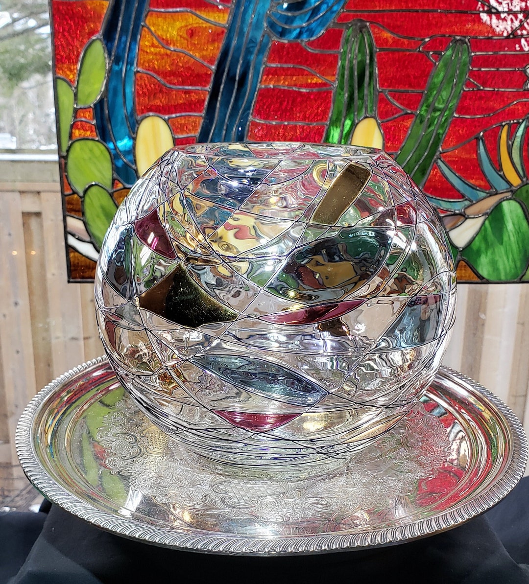 Retro Glass Ball Vase - Stained Glass & Wire Colored Panel Ball ...