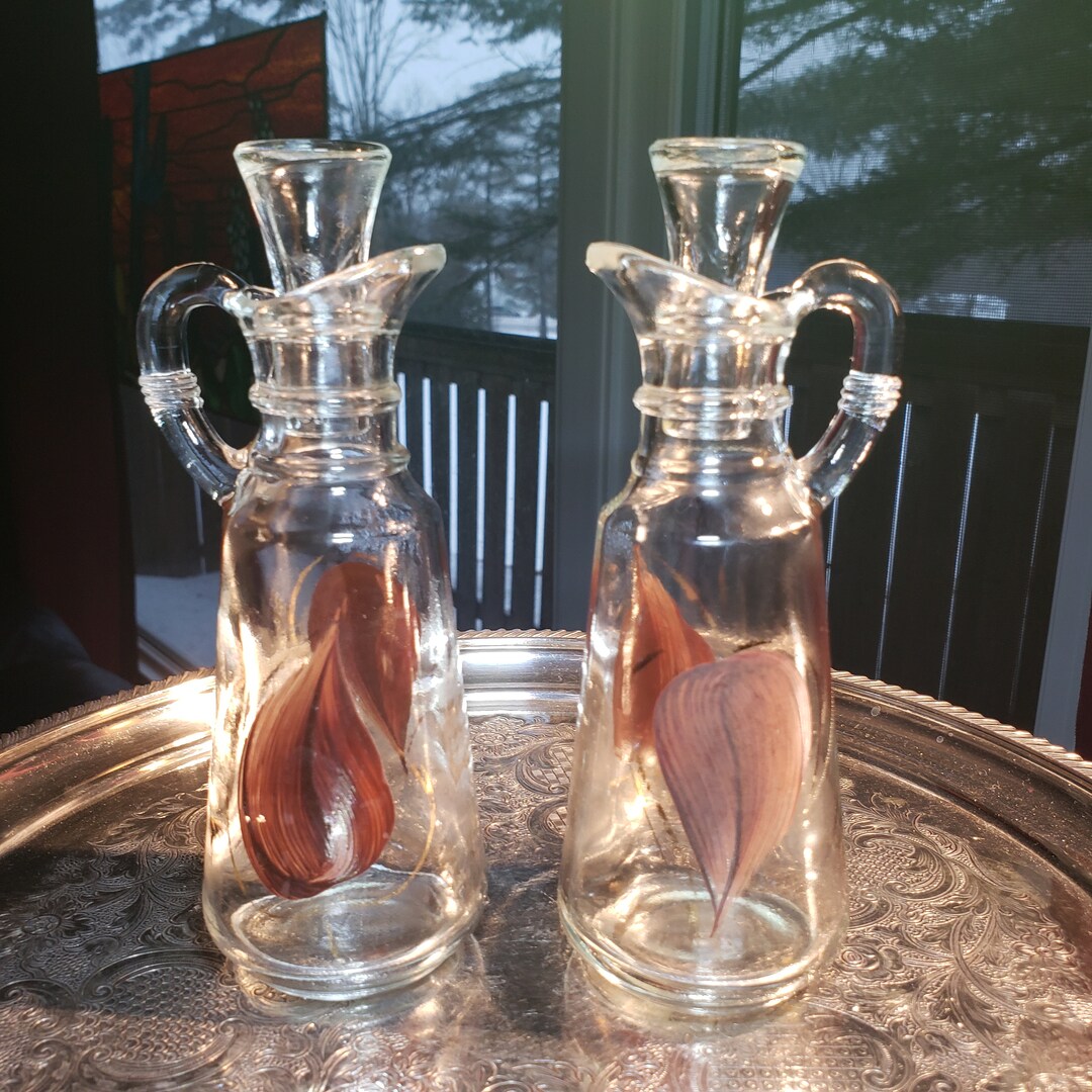 Anchor Hocking Cruet Set - Oil and Vinegar - Brown Leaves With Gold ...