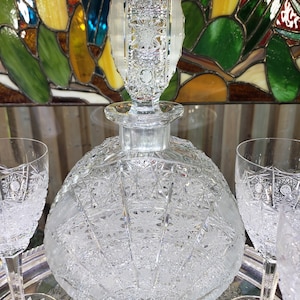 Vintage Fine Cut Queens Lace Disk Shape Decanter and Four Wine Glasses ...
