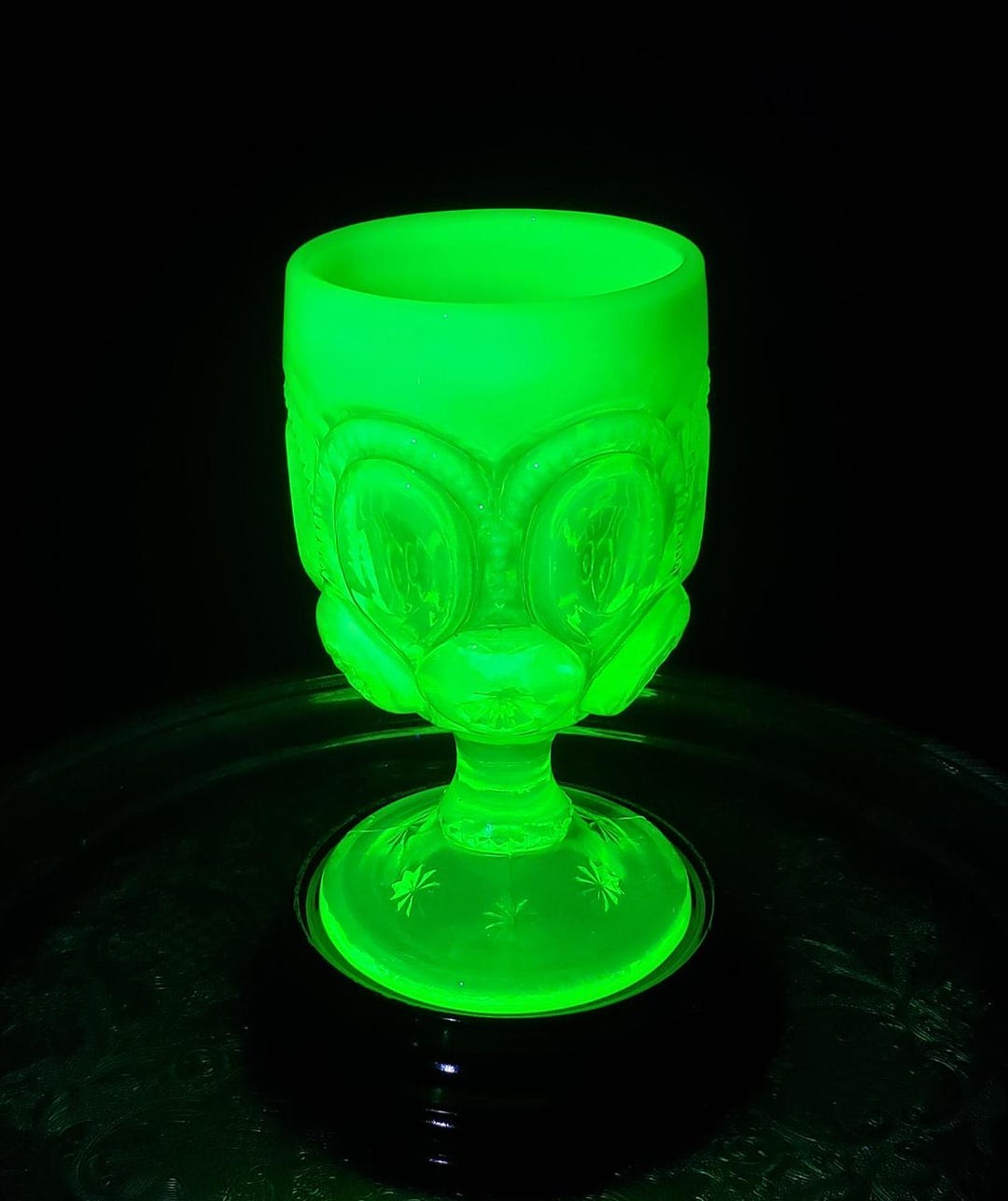 Vintage Large Vaseline Glass Canary Yellow Goblet With Opelescent Rim- Moon & Stars - L.G Wright ...