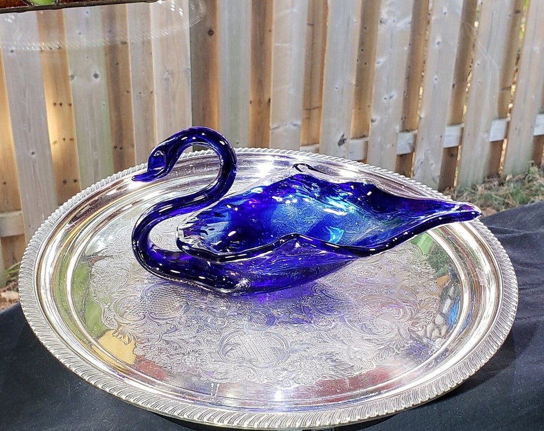Breathtaking Art Glass Swan Bowl: Handmade Wavey Cobalt Blue & Clear ...