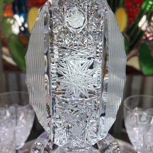 Vintage Fine Cut Queens Lace Disk Shape Decanter and Four Wine Glasses ...