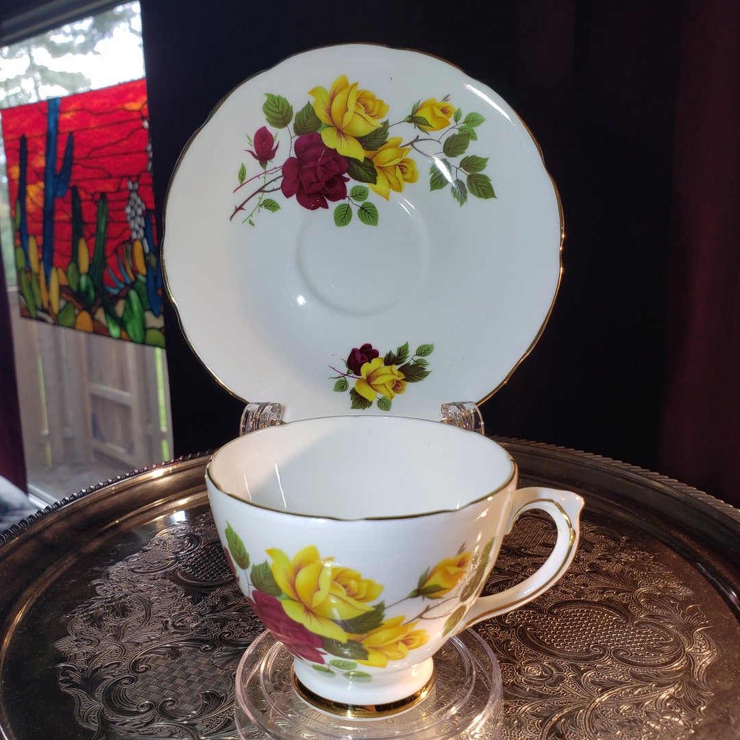 Vintage Delphine Bone China Tea Cup and Saucer, Red and Yellow Rose ...