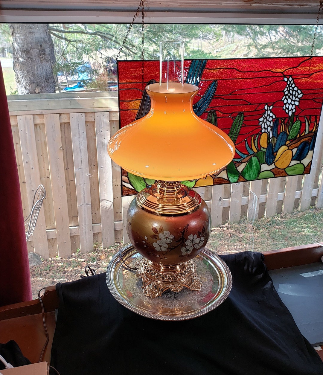 Antique Brass Oil Lamp: Copper Base, Hand-painted Flower Motif ...