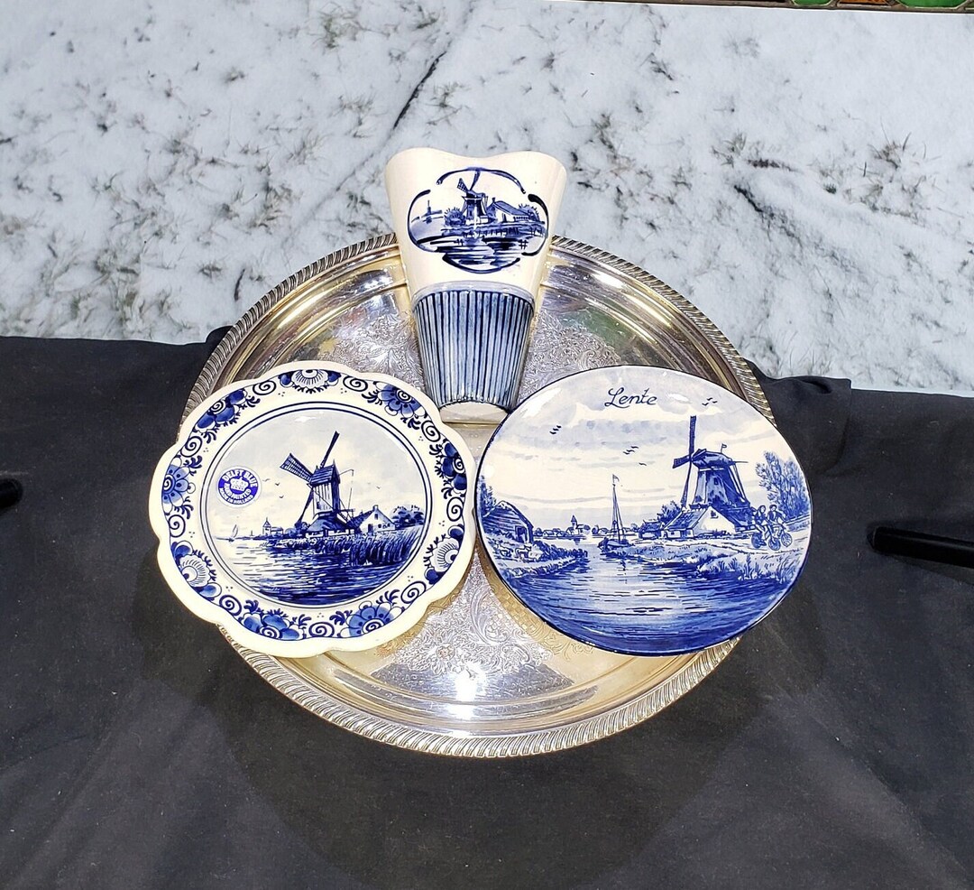 Vintage Delft Windmill Plates and Wall Pocket: Blue & White Holland ...