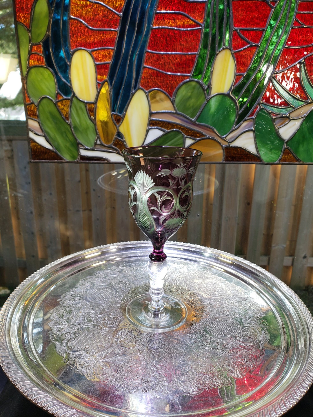 Vintage Thistle Pattern Cut to Clear Deep Purple Wine Glass Vintage ...