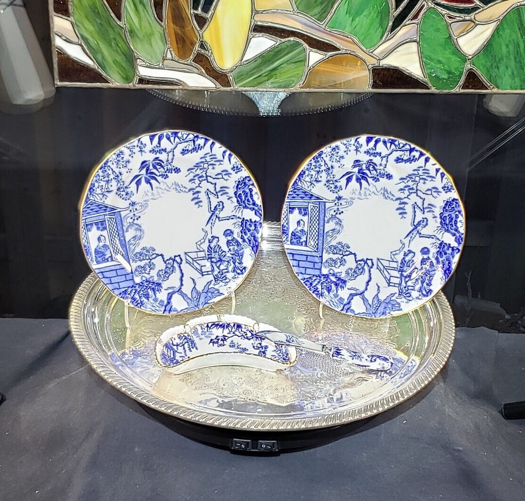 Vintage Royal Crown Derby Mikado Bread Plates, Butter Dish & Spreader ...