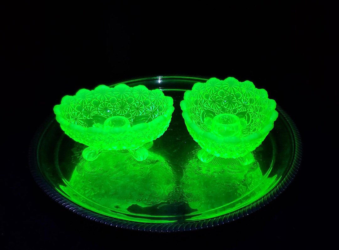 Vintage Vaseline Glass Candle Holders: Daisy & Button Opalescent Pair ...