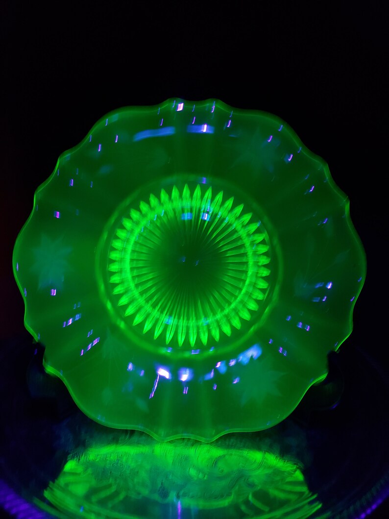 Vintage Hughes Uranium Glass Plate – Cornflower Pattern, Rayed Base ...