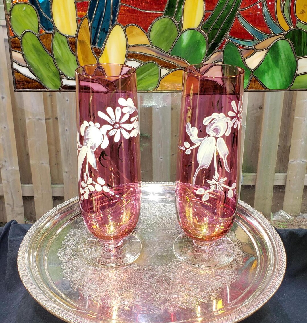 Vintage Pair Victorian Cranberry Flash Vases With Hand Painted Flowers ...