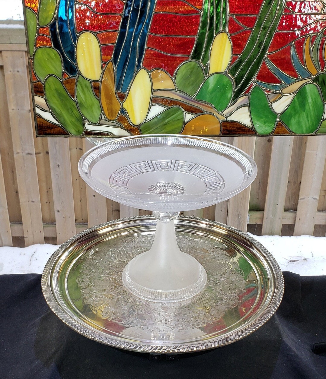Antique Molineaux Webb Frosted Glass Cake Stand: Greek Key Victorian ...