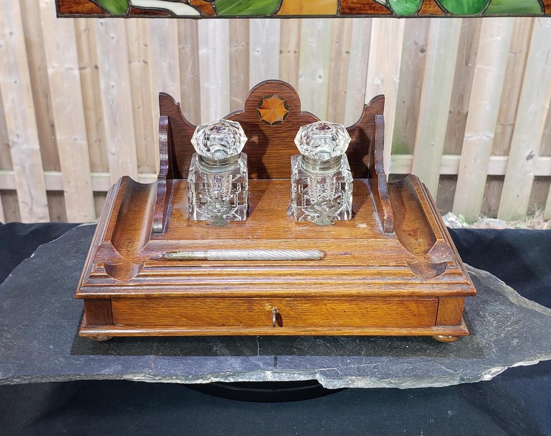 Vintage Double Oak Inkwell Stand With Tunbridge-ware / Inlaid Wood ...