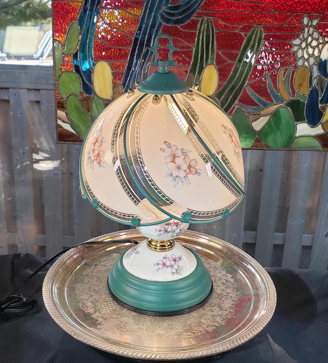 Vintage Flower Pattern Touch Lamp - Turqouise & Brass Finish, 1980s ...